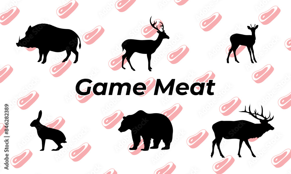 Vector set of animals. Game meat, solid icons. Boar, deer, roe deer ...