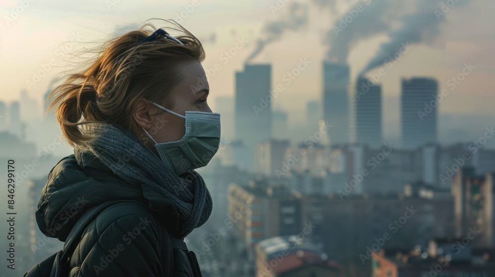 Young woman wearing respiratory mask protect and filter pm2.5. From the ...