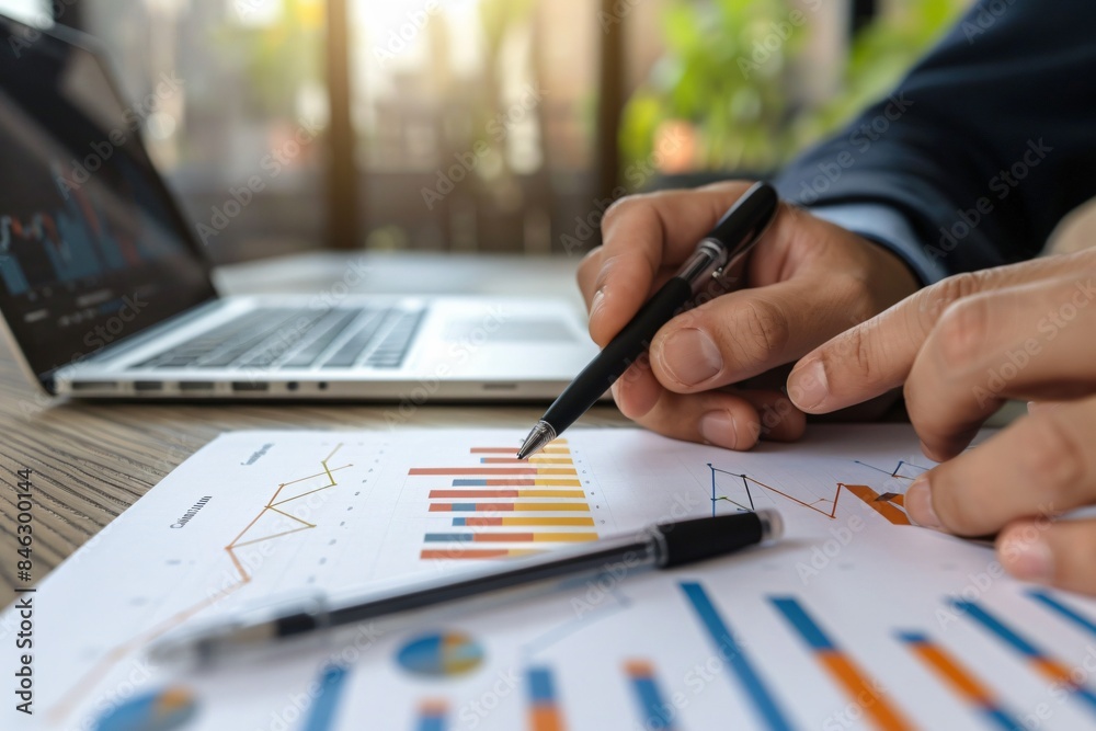 hand using a pen to write examine and annotate data visualization chart ...