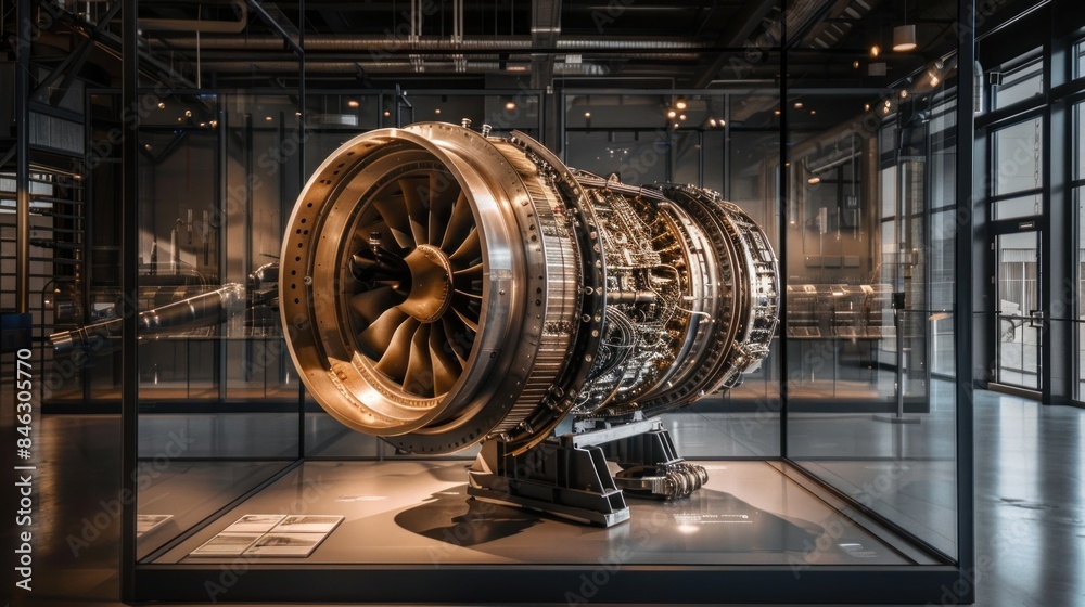 The intricate inner workings of a jet engine being assembled, where ...