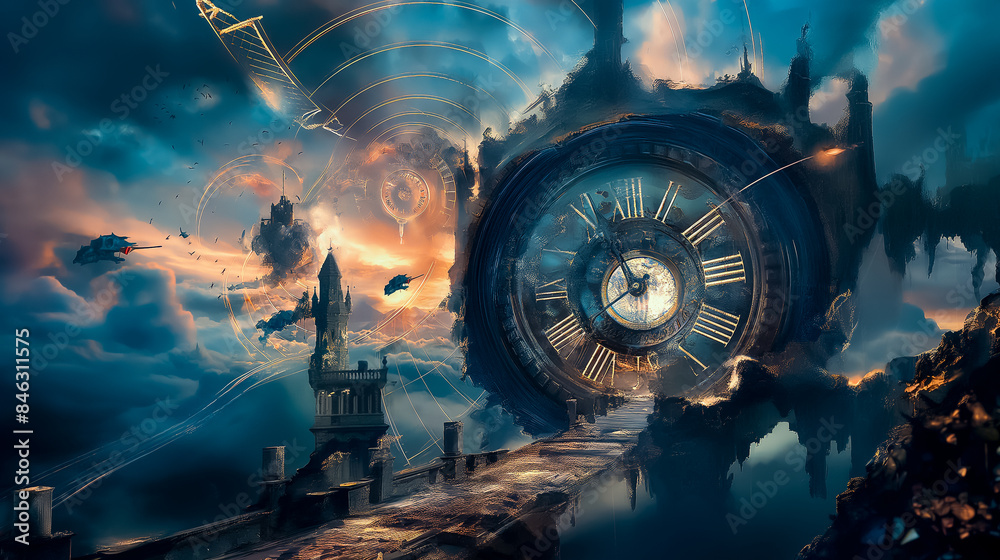Foto de Surreal Fantasy Landscape with a Giant Clock Tower, Floating ...