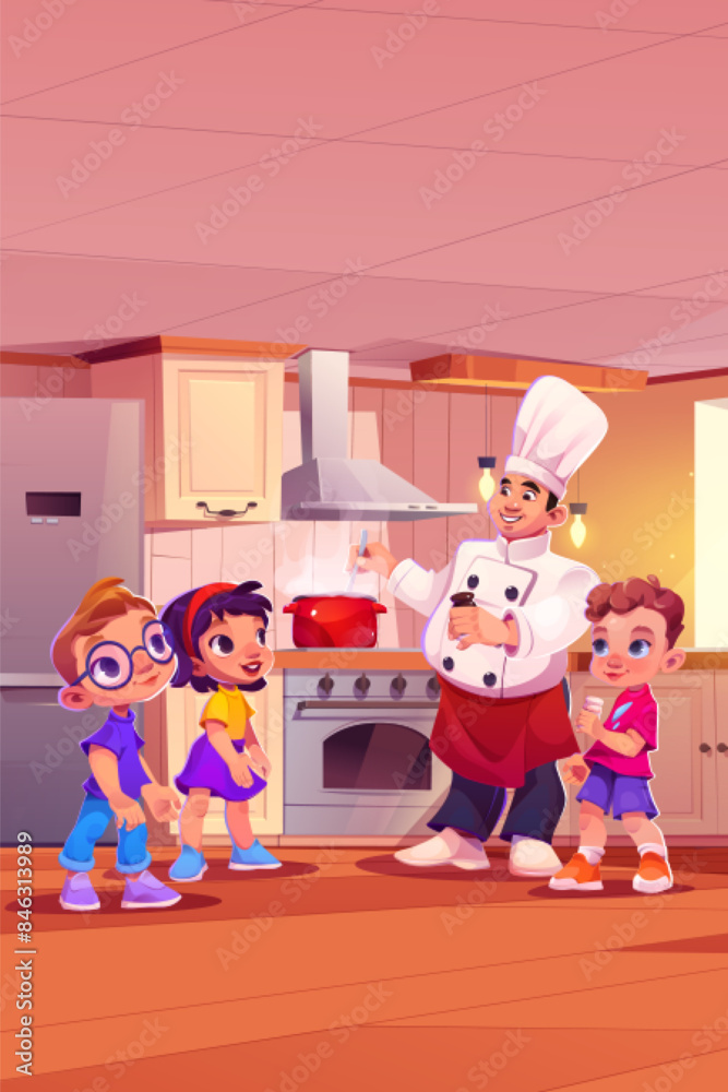 Three kids came to ask question or take master class to chef in kitchen ...