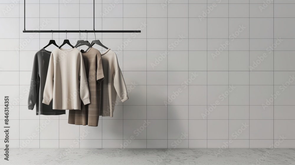 Black and gray dress clothes in modern shop display with white square ...