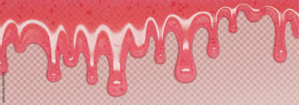Liquid pink berry jam or sweet syrup drip border on transparent ...