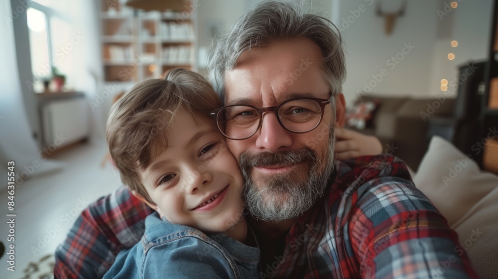 Little boy making selfie on smartphone with father,lying on floor in ...