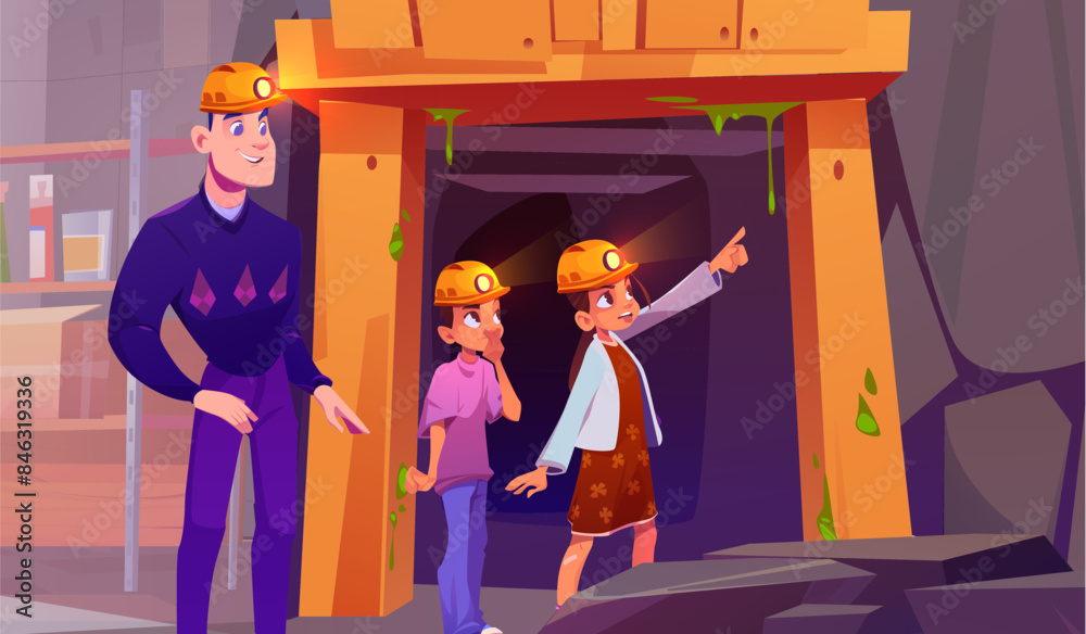 Father and kids exploring dungeon together. Vector cartoon illustration ...