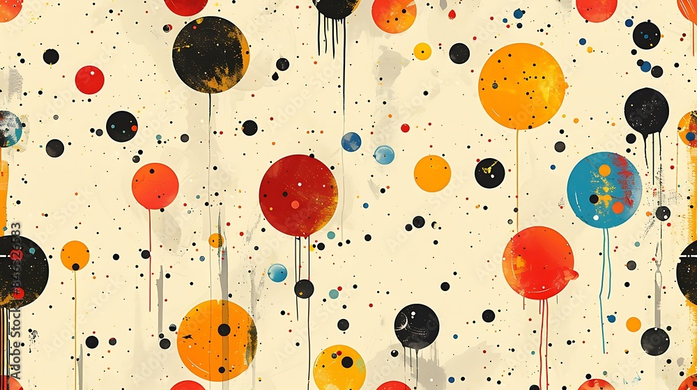 Polka dots in various sizes and bold primary colors on a neutral off ...