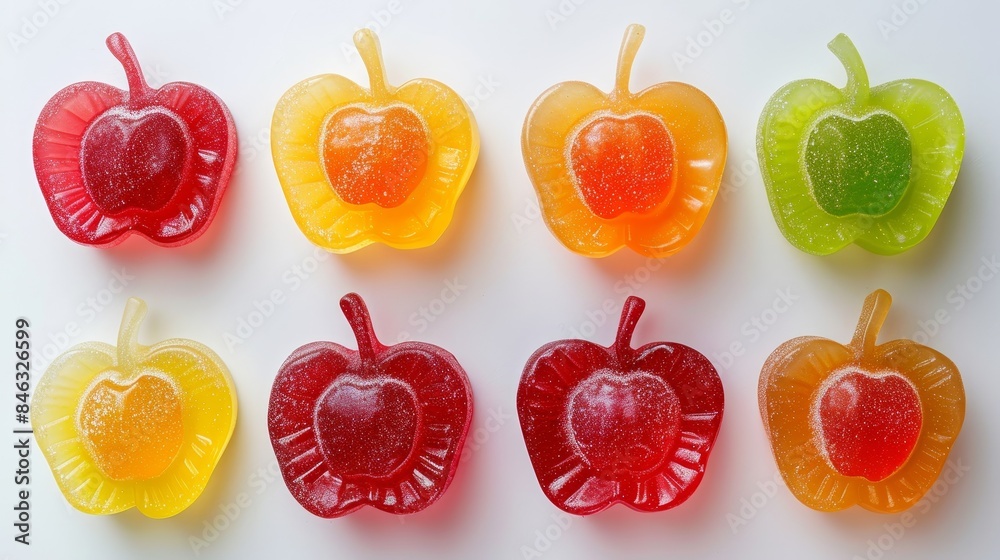 Top view of diverse flavored apple-shaped jelly fruit snacks, bright ...