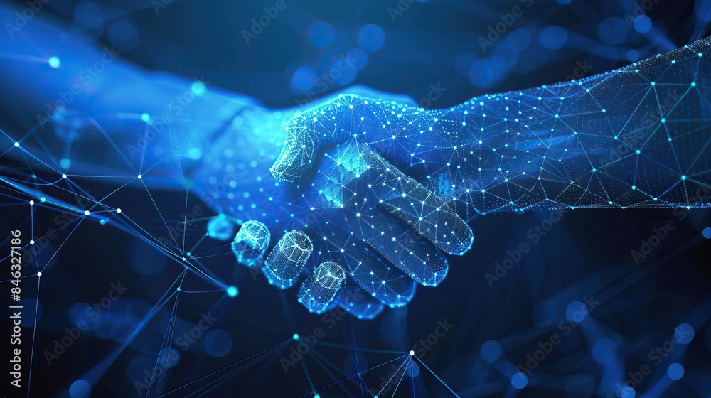 Virtual handshake highlighted with digital connections and data ...