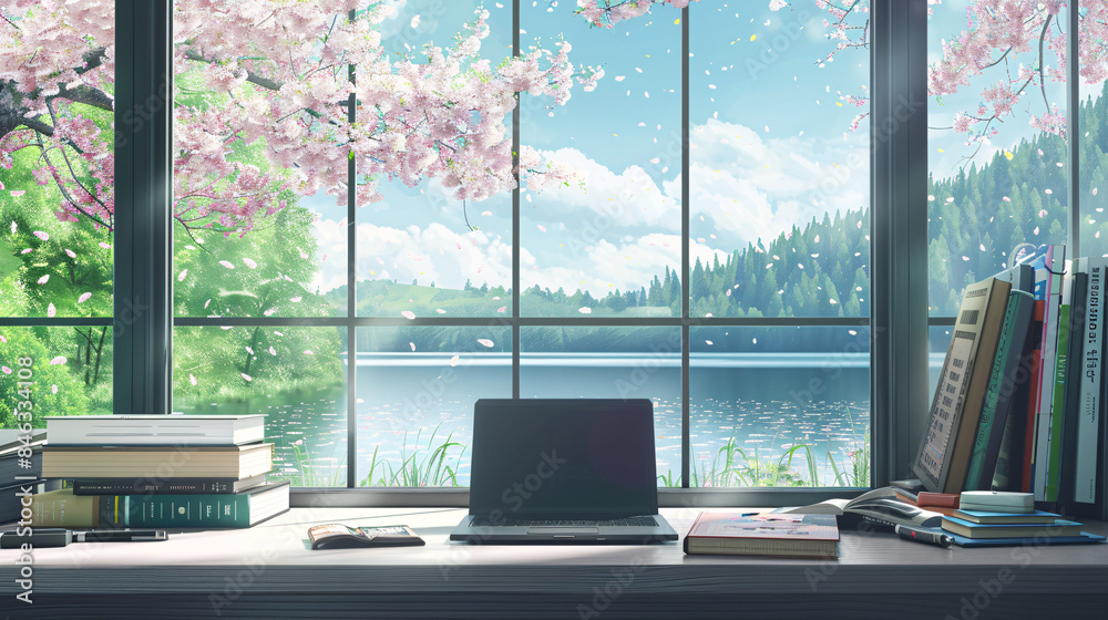 Anime-style wallpaper of an aesthetic workspace with a large window ...