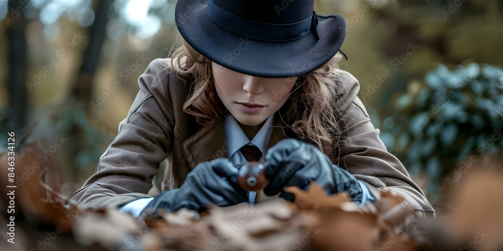 A female detective in classic attire carefully examines a crime scene ...