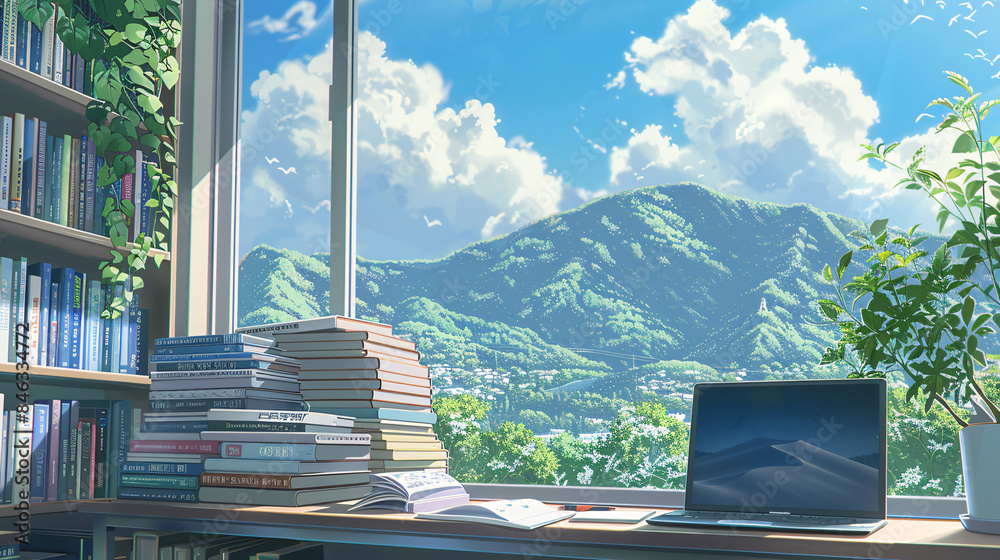 Aesthetic workspace with a large window to a lake and mountain, a desk ...