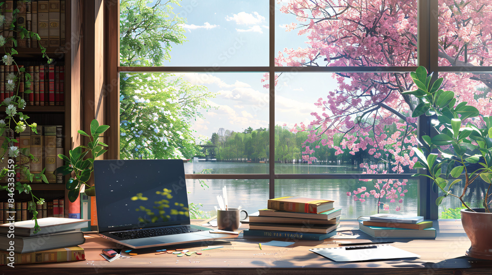Aesthetic anime-style workspace with a large window offering a view of ...