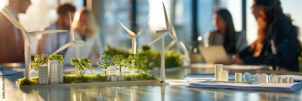 Team meeting on sustainable energy, wind turbine models, green projects ...