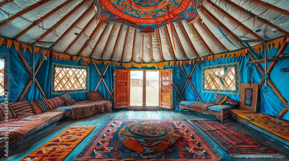 "Stock photo showcasing the inside of a traditional Mongolian ger yurt ...