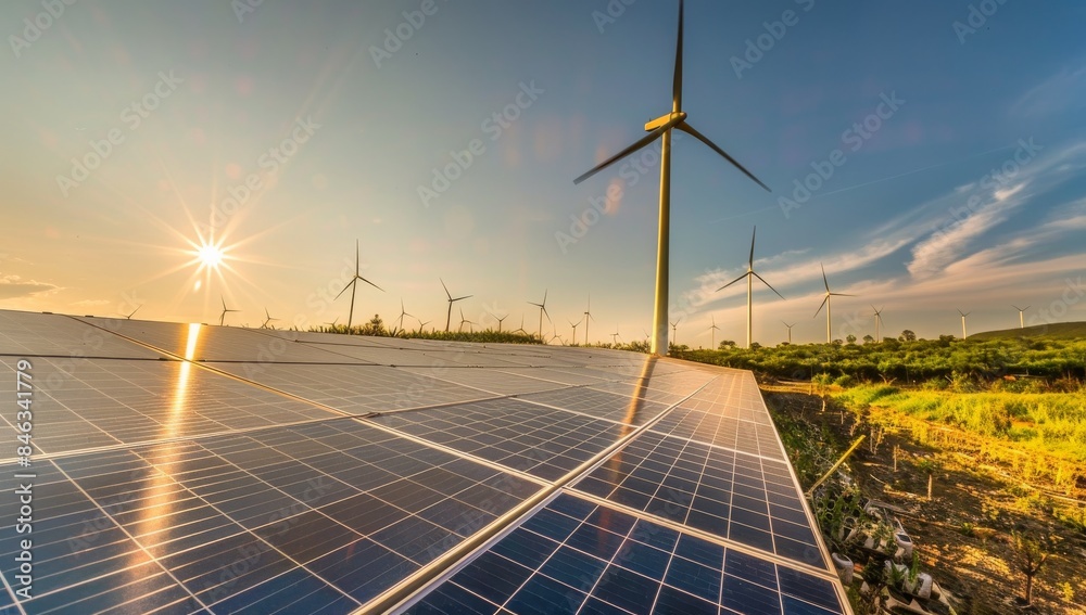 The Solar and Wind Energy Farm presents a magnificent view during ...