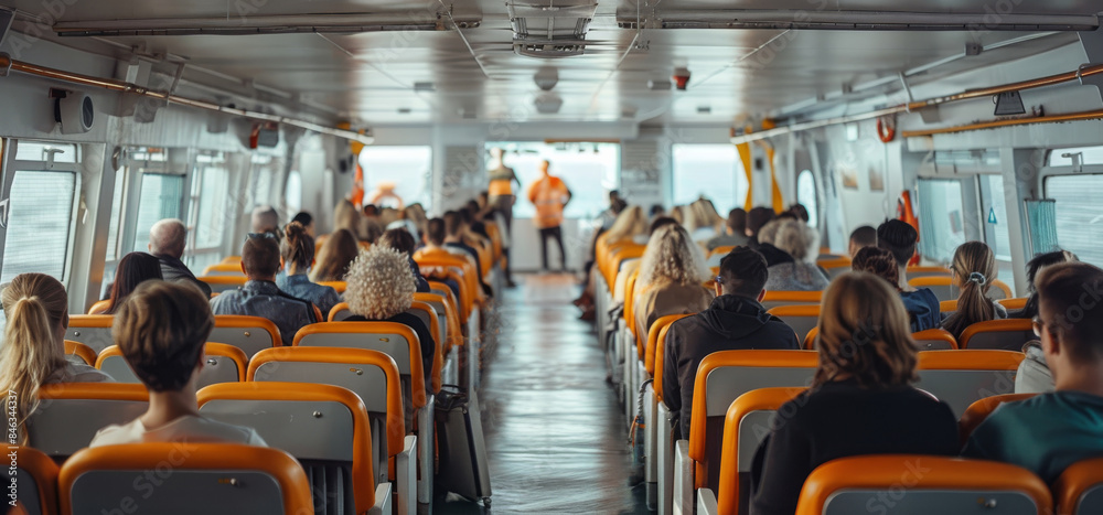 A modern grey ferry boat, passenger seats, standing in the aisle, many ...