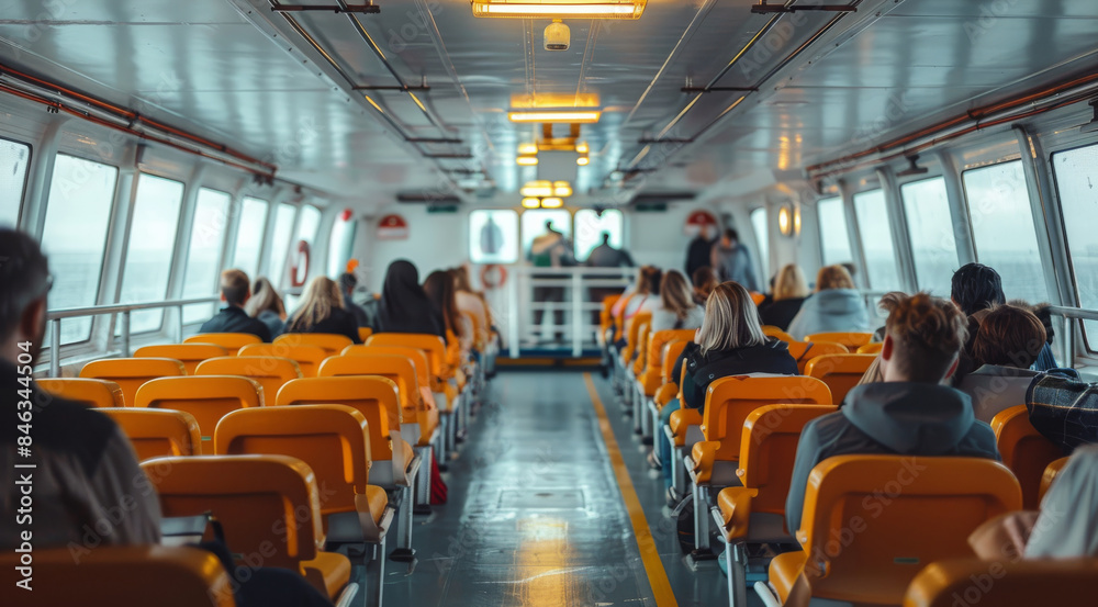 A modern grey ferry boat, passenger seats, standing in the aisle, many ...