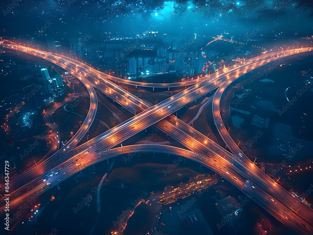 Top view of the expressway at night Take photos using the long exposure ...