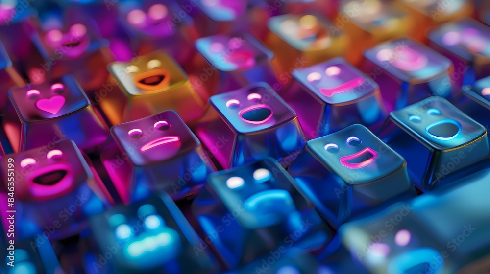 Colorful keyboard with glowing emoji keys, expressing emotions in a ...