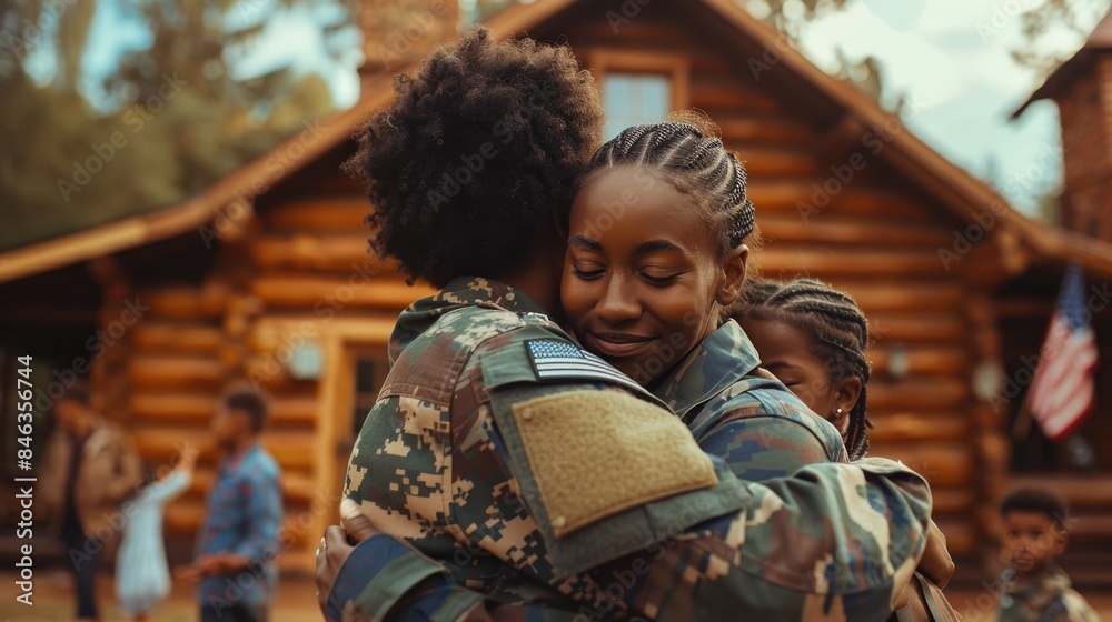Two soldiers reunited, embracing warmly outside a rustic cabin ...