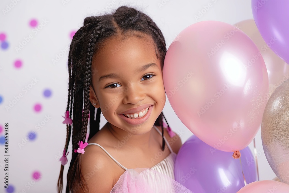excited young girl with long braids, wearing a tutu, holding a bunch of ...