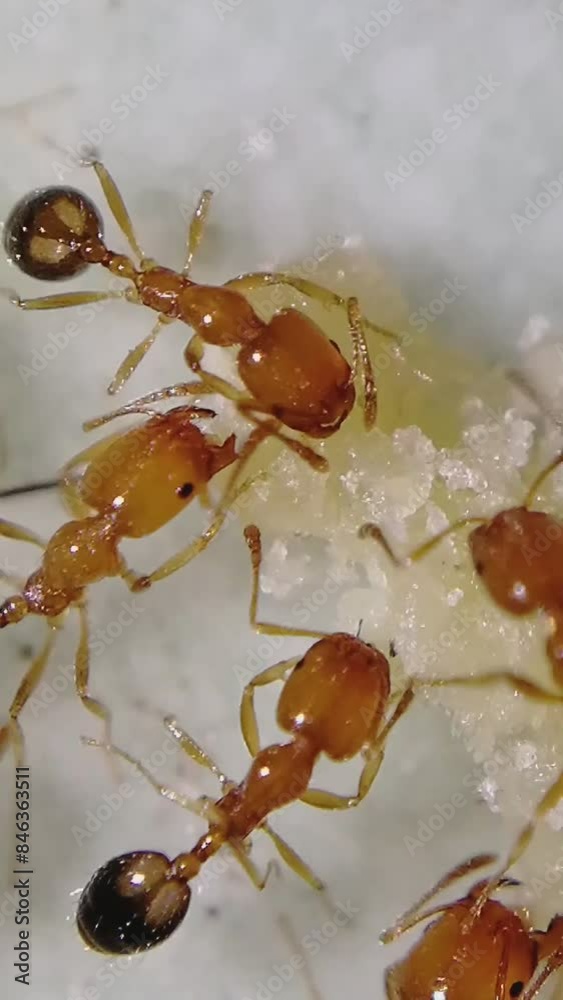 Red fire ants are eating tasty food like cookies, biscuit, wafer etc in ...