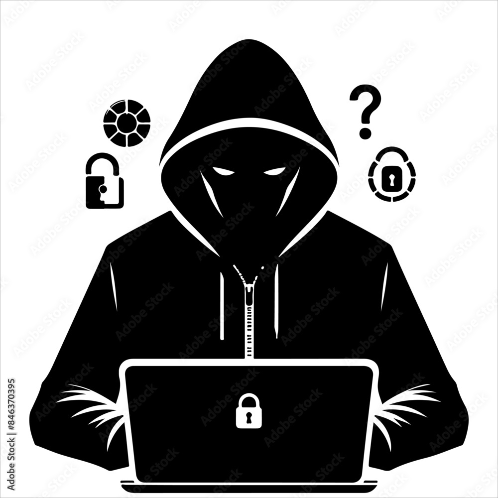 Hackers in a black hood icon. Cybercriminal at a laptop. Process of ...