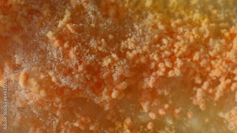 Close-up, bread hosts clusters of mold, boasting vibrant hues of orange ...