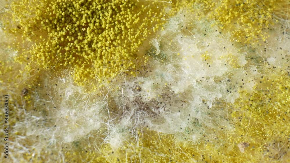 Microscopic landscapes emerge as yellow and white mold colonizes the ...