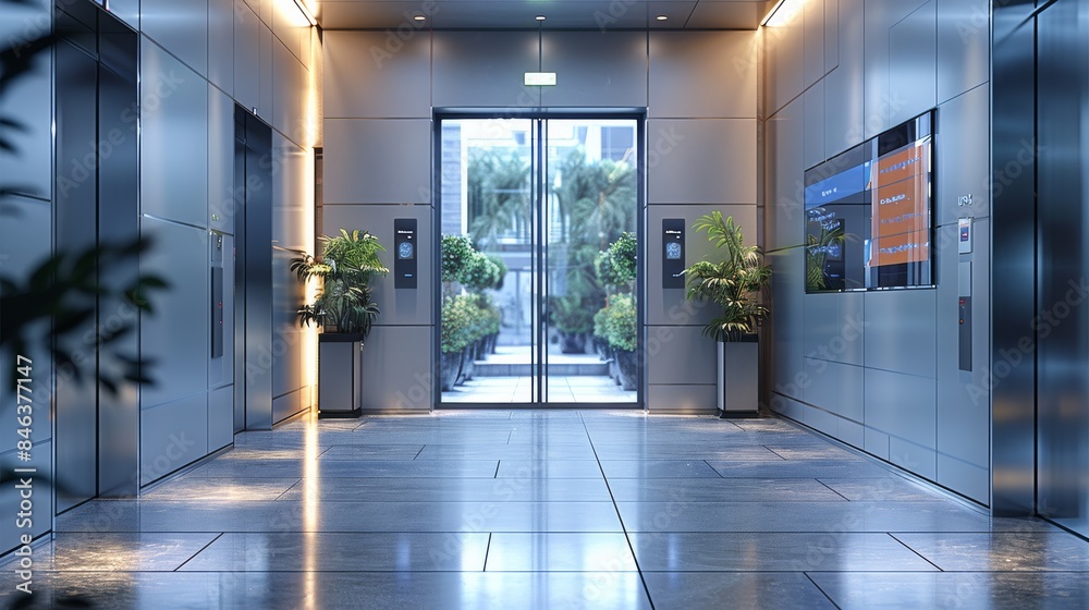 High-rise office building with digital signage and contactless entry ...