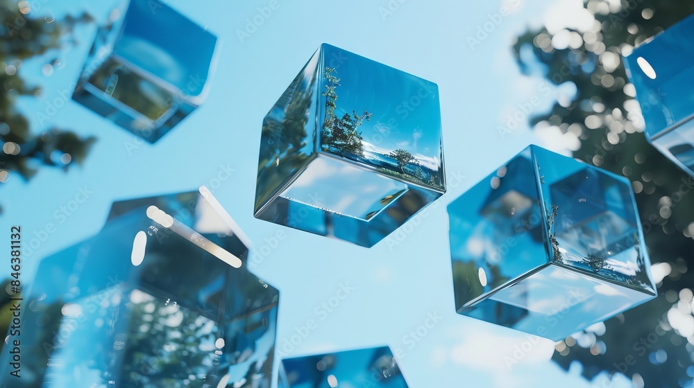 A scene of floating cubes in a zero-gravity environment, each cube ...