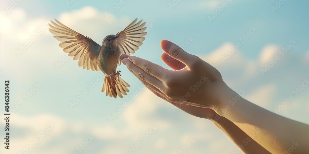 Hands gracefully letting a bird soar into a bright, clear sky ...