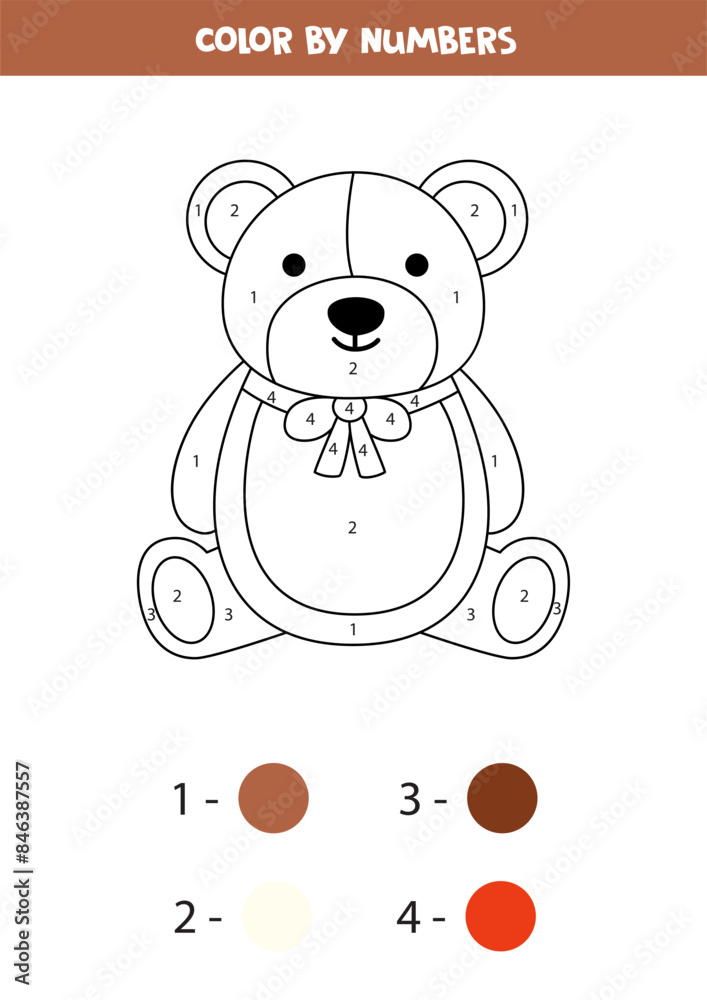 Coloring page with cute teddy bear. Color by numbers. Math game for ...