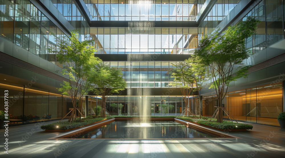 A vast courtyard within a large office headquarters, with a second ...