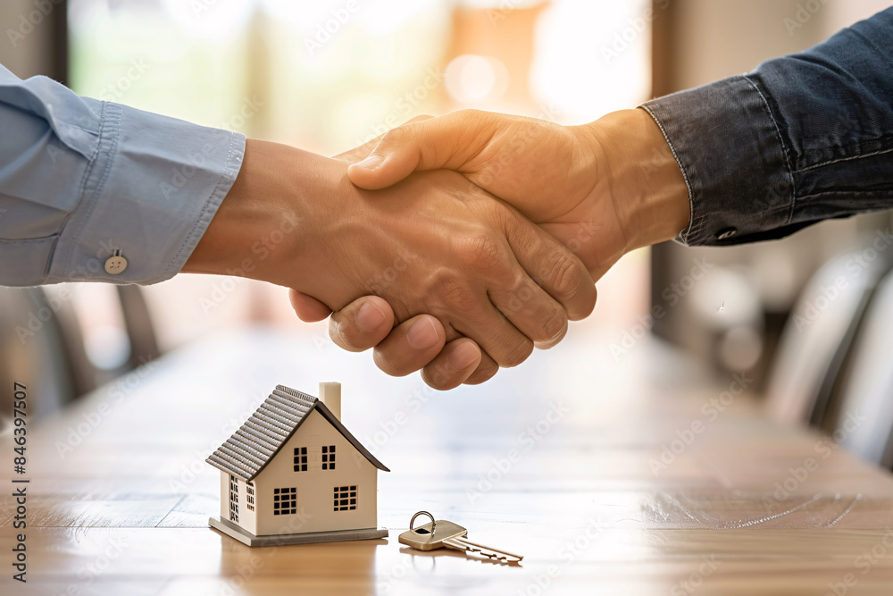 Concept of a house or property transaction, showcasing a handshake ...