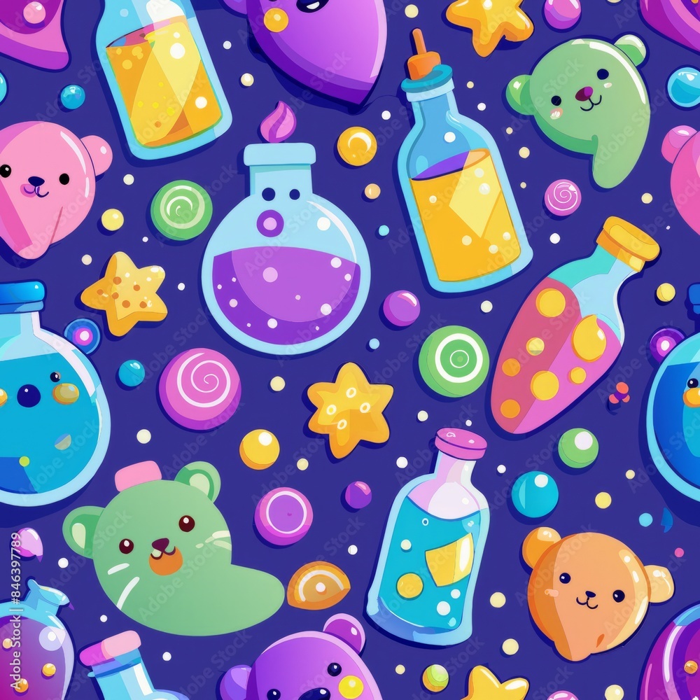 Seamless pattern of sugary gummy bears with magical potion bottles and ...