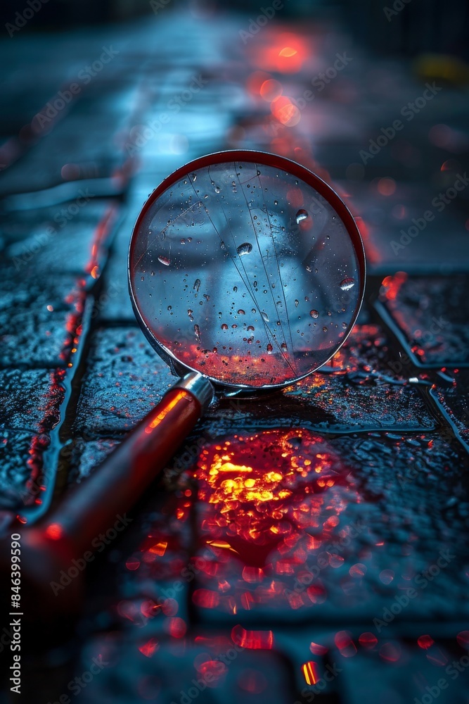 Selective focus magnifying glass with red spots on the ground at night ...