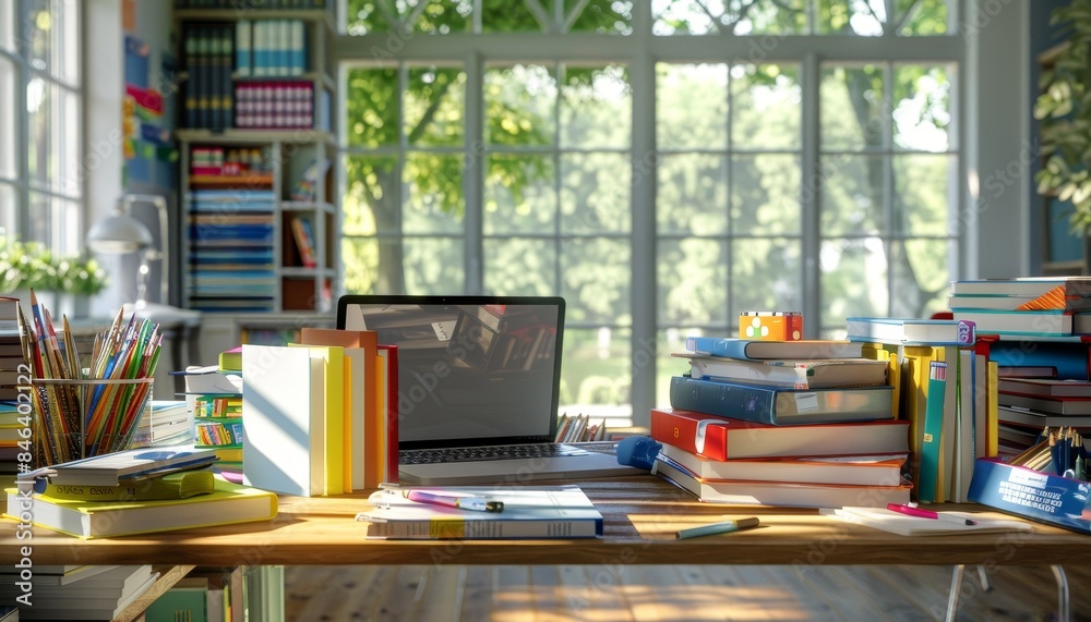Teacher's Desk with Neatly Stacked Books, Laptop, and School Supplies ...