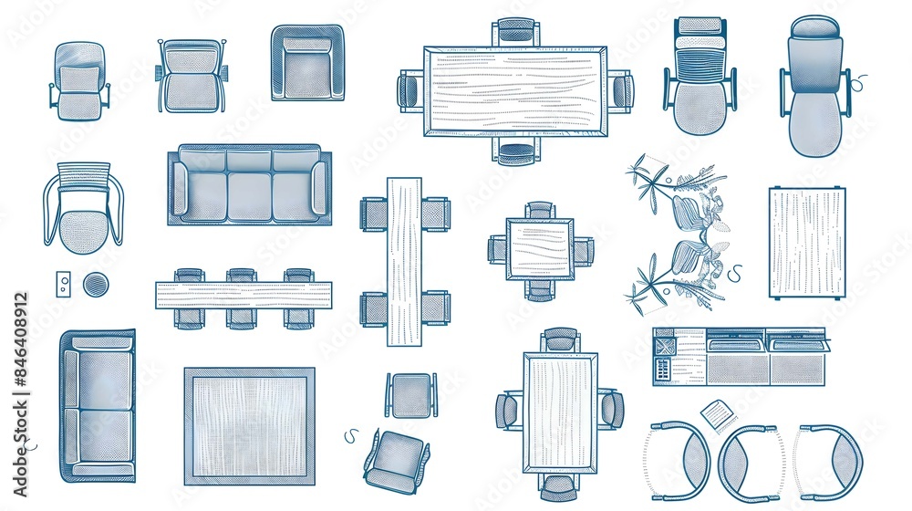Set of plan for arranging seats and tables in interior, layout graphic ...