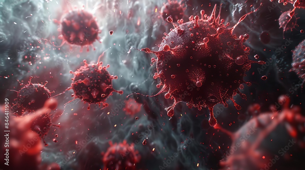 A hyper-realistic digital illustration of a microscopic airborne virus ...