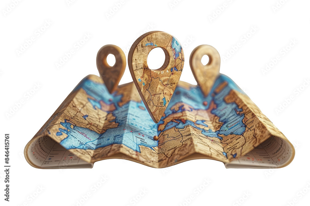 Old map with location markers, representing travel, navigation, and ...