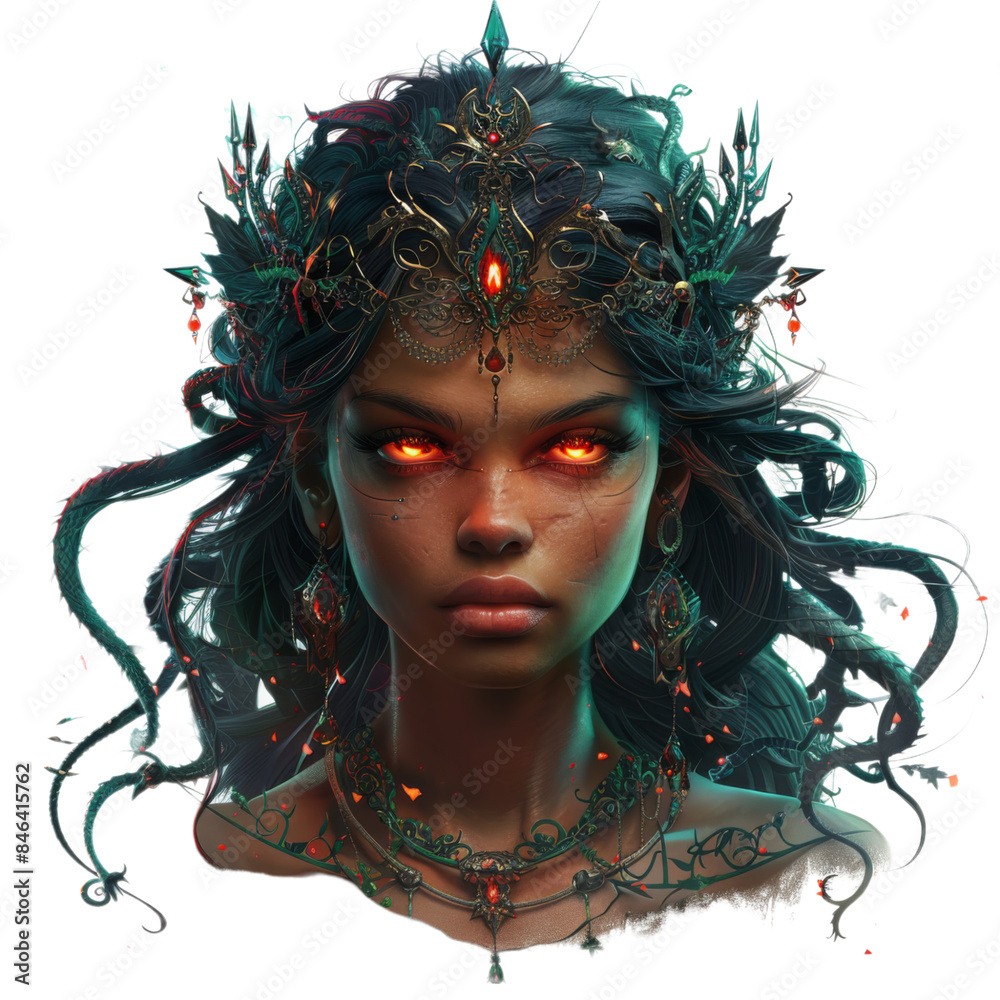 Watercolor illustration of Medusa with fiery eyes and dark snakes Stock ...