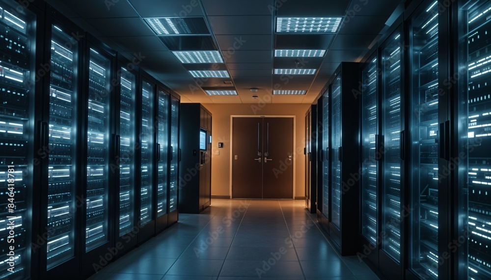 A picture of a server room with rows of network servers. The room ...