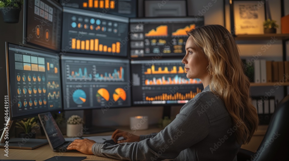 Young business woman working in front of computer with multiple screens ...