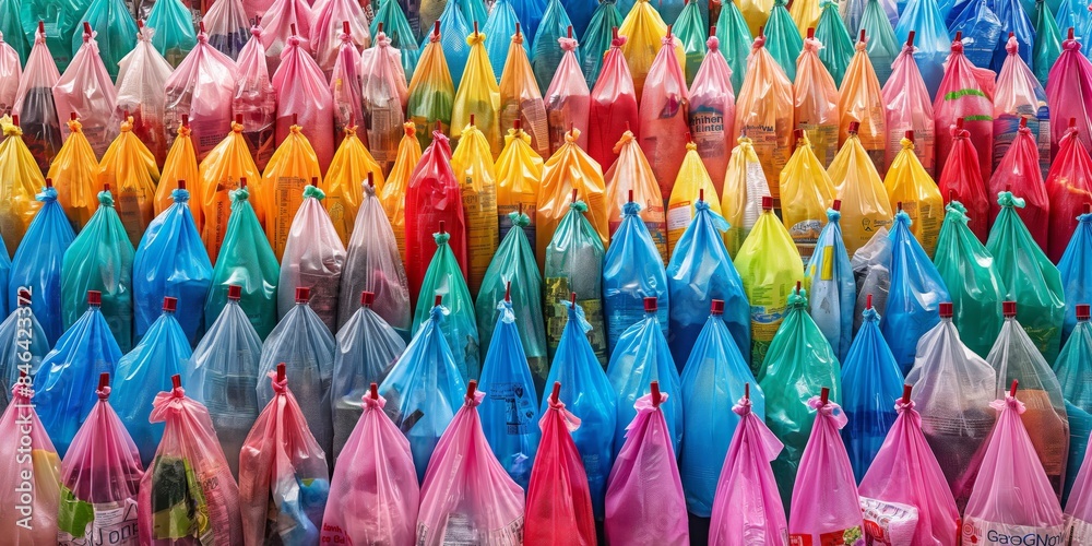 Multiple rows of tightly packed colorful plastic bags filled with ...