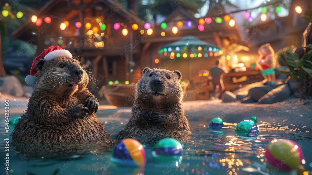 Tilted angle view of beavers with holiday tails in a summer celebration ...