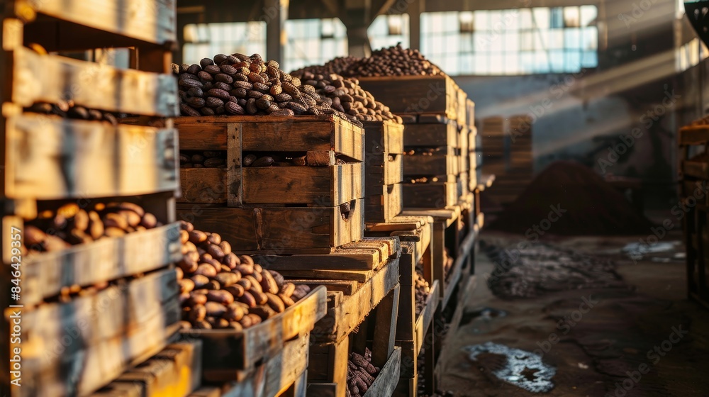 Neatly packed cocoa pods in wooden crates, positioned in a modern ...