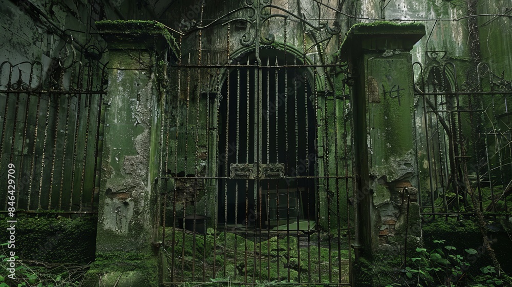Moss-covered walls and rusting iron gates inside an abandoned asylum ...