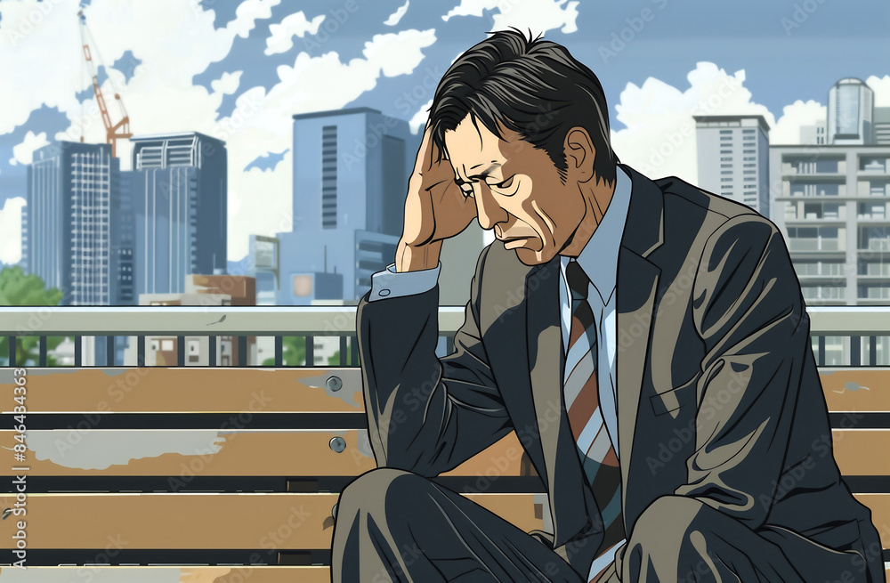 1 Japanese man his fifty wearing business attire sitting bench looking ...